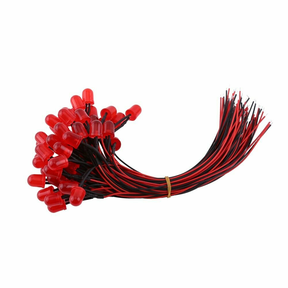 Светодиоды 10мм, с проводом, DC12V, многоцветные, красные, 50 шт