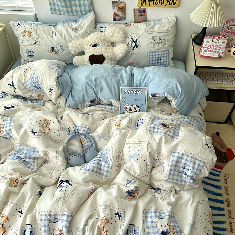 Комплект из четырех простыней из стираного хлопка с милым рисунком (класс А), осеннее постельное белье, пододеяльник для студенческого общежития, комплект из трех предметов,150*200cm