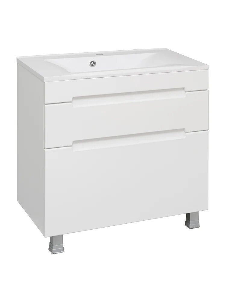 Тумба под раковину без столешницы Aqua de Marco Olivia 80 напольная, с ножками, белая, глянцевая, из МДФ, тумба для ванной, с ящиками, с доводчиками