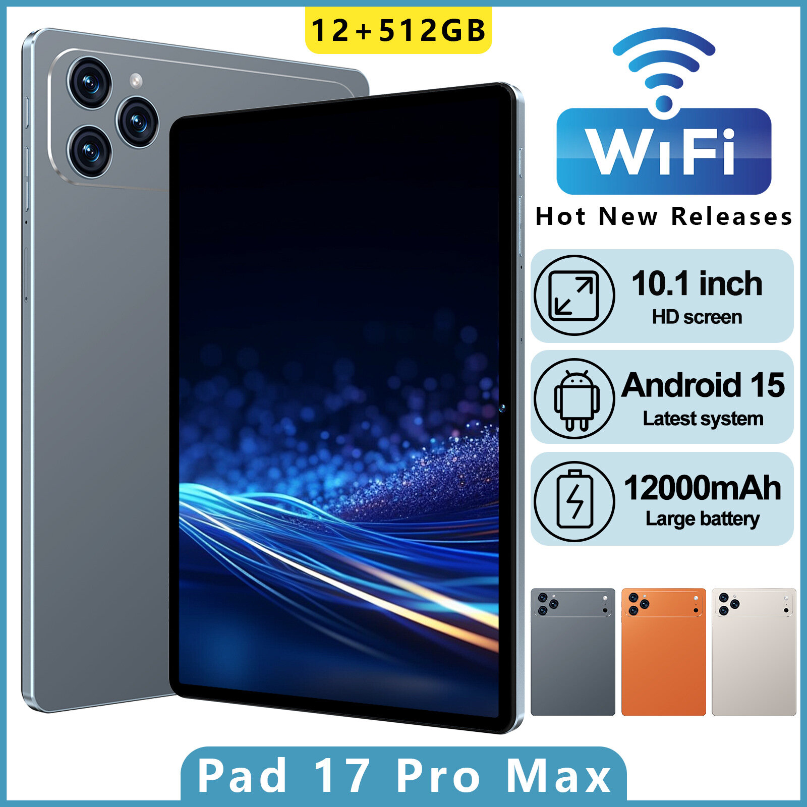 Pad 17 ProMax новый Android-планшет с сенсорным экраном 10,1 дюйма, 12/512 ГБ, Android 15