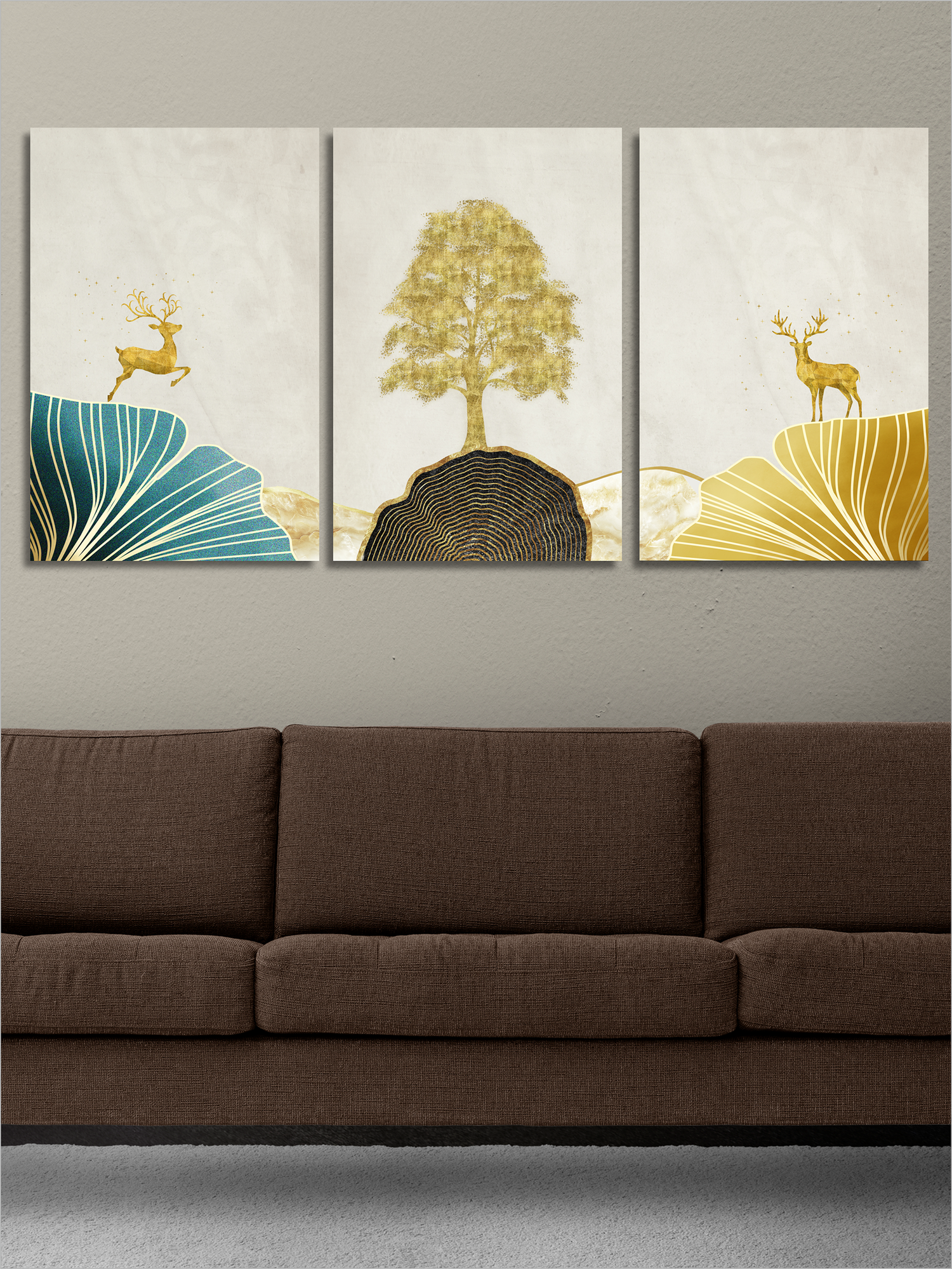 Модульная картина для интерьера на стену минимализм. Олени и золотое дерево 50х75 см - 3 штуки на холсте на подрамнике