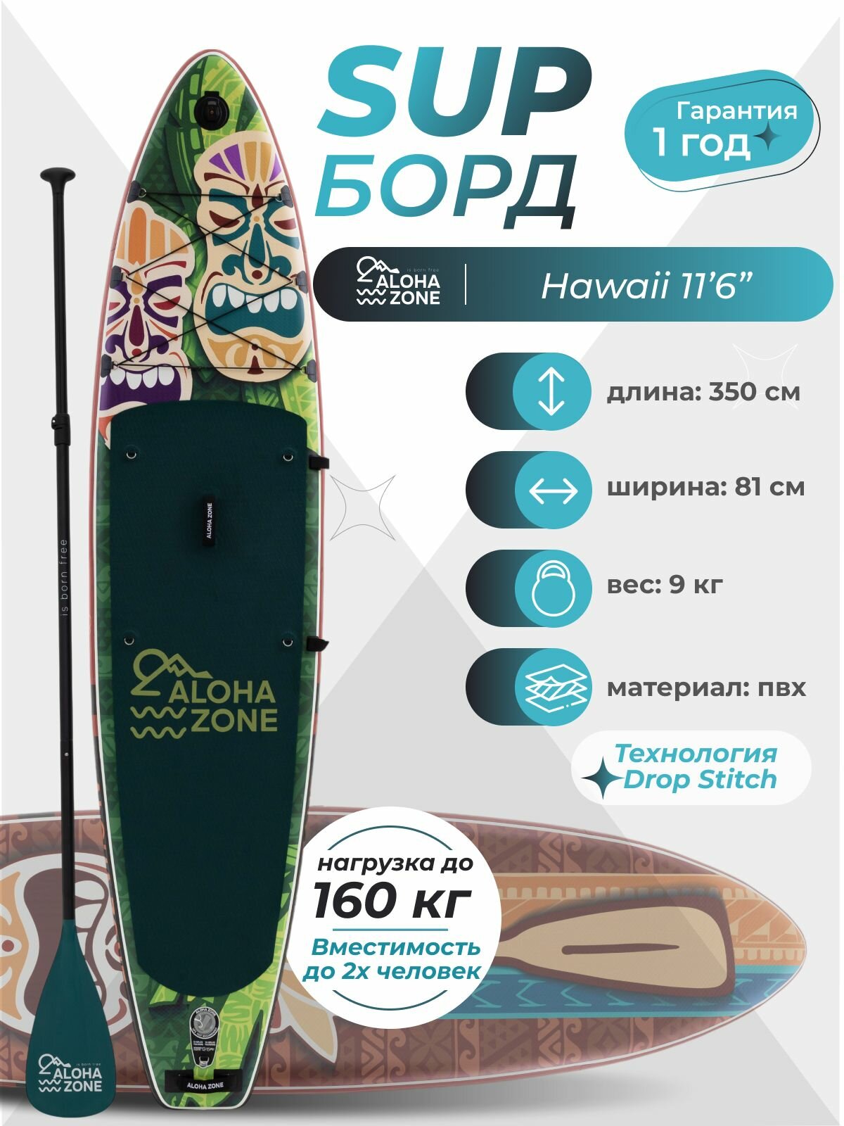 Сапборд ALOHA ZONE Hawaii, надувной, 11.6 футов, армированный ПВХ, до 160кг