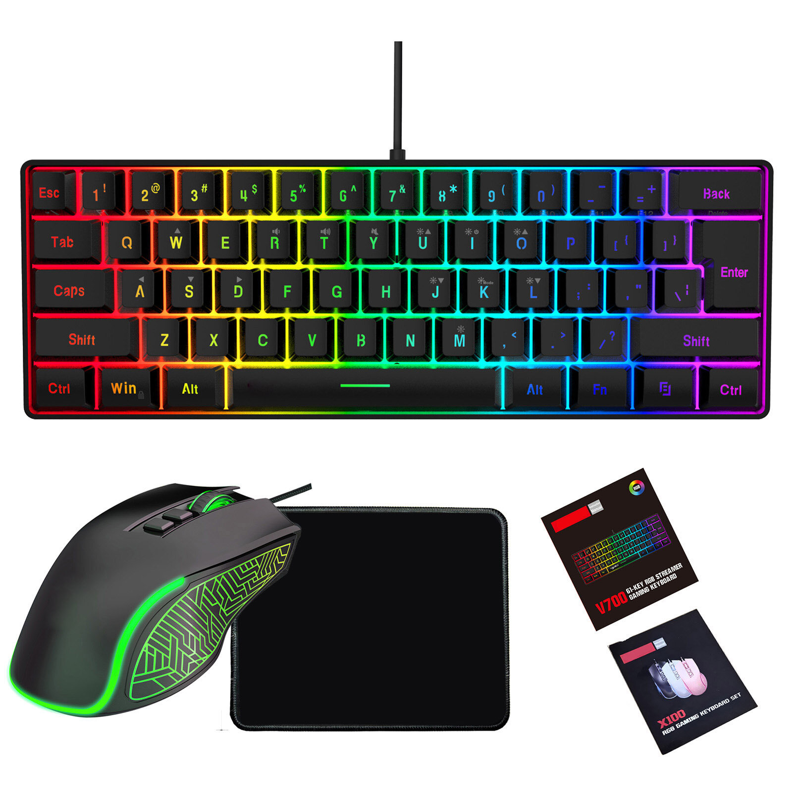 Wired Keyboard Mouse Combo with Mousepad for Gaming and Work RGB Backlit Ergonomic Design Black Set