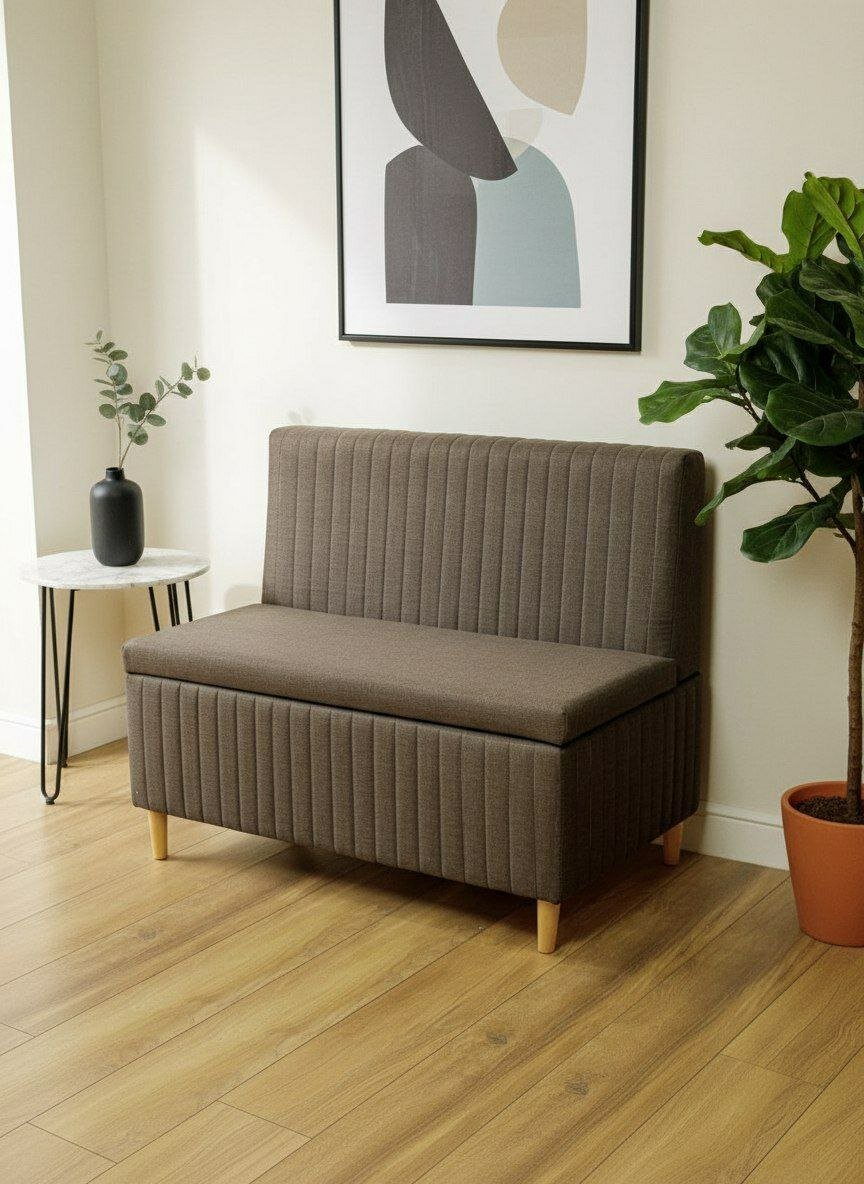 Модульный кухонный диван прямой с ящиком для хранения, рогожка коричневый, без подлокотника