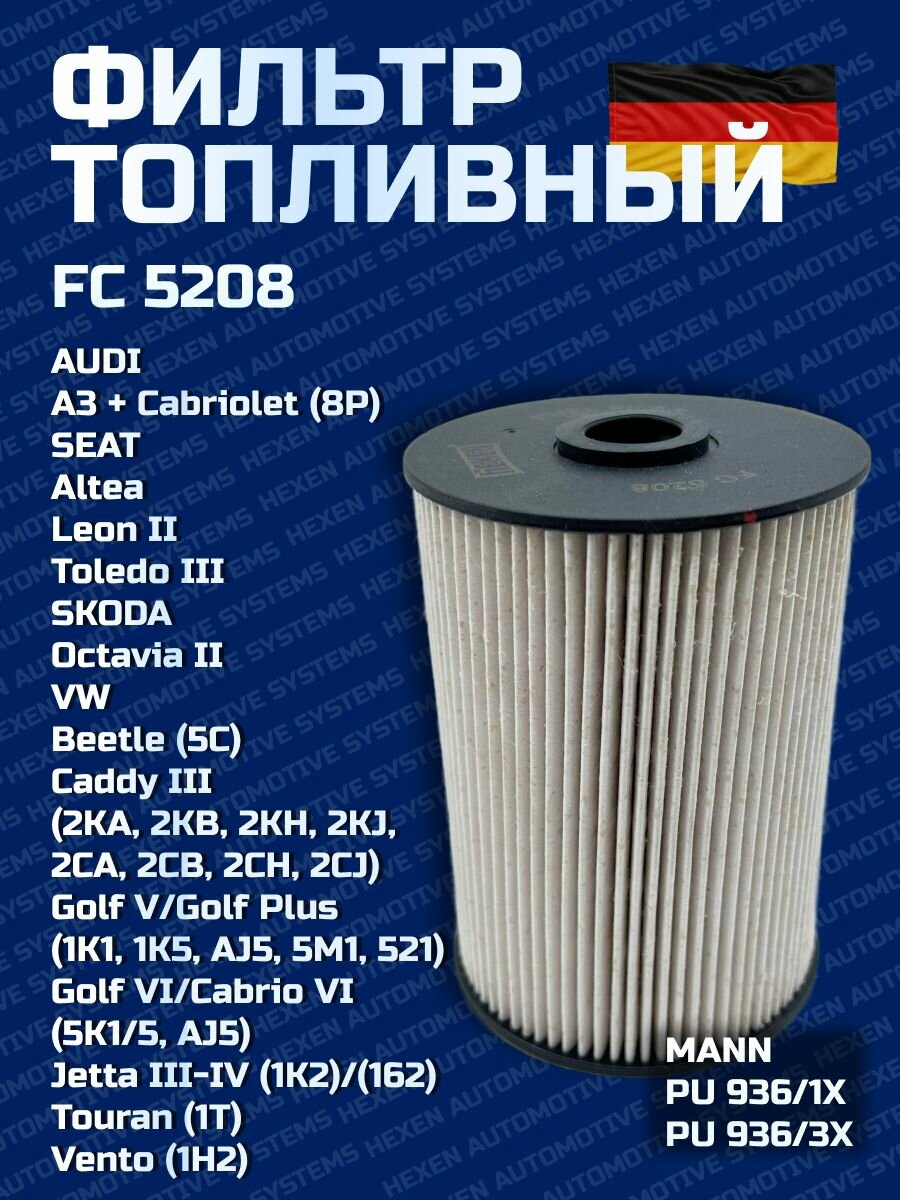 Топливный фильтр AUDI A3, SEAT Leon II, SKODA Octavia II, VW Golf V-VI, Jetta III-IV, Beetle (PU936/1X, PU936/3X) HEXEN