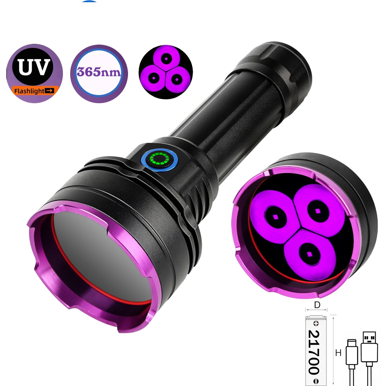 TOPCOM Перезаряжаемый УФ-фонарик 365 395 нм 365nm Black