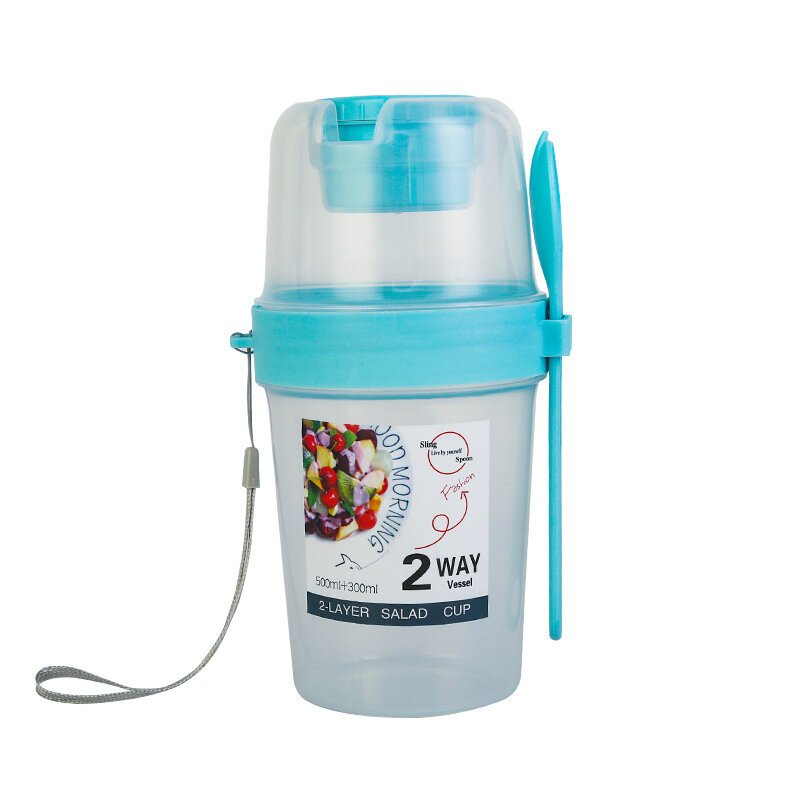 Пластмассовая двухслойная чашка для салата на завтрак с ложкой, крышкой и вилкой — нордический синий, герметичная для