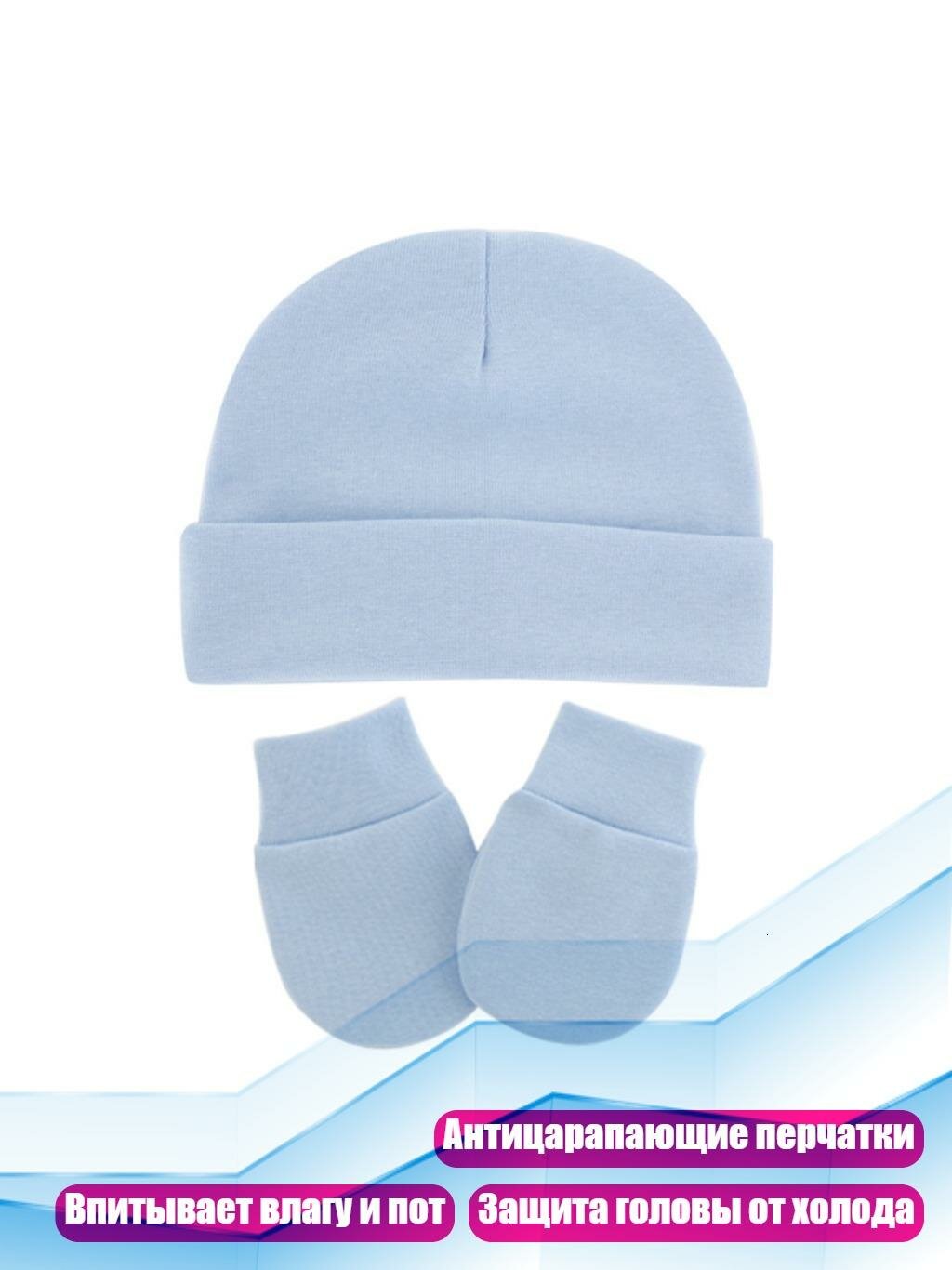 Детские перчатки-митенки и чепчик, Светло-голубой