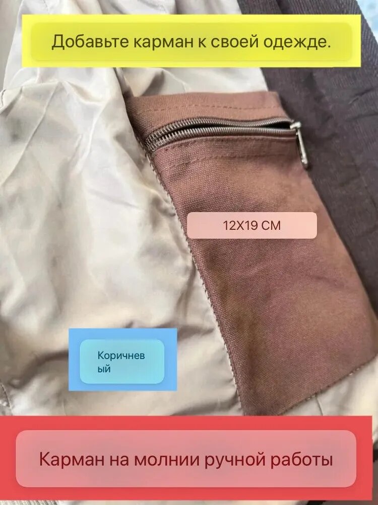 Карманы, пришитые к одежде, в том числе карманы для мобильного телефона на молнии, сшиты вручную.
