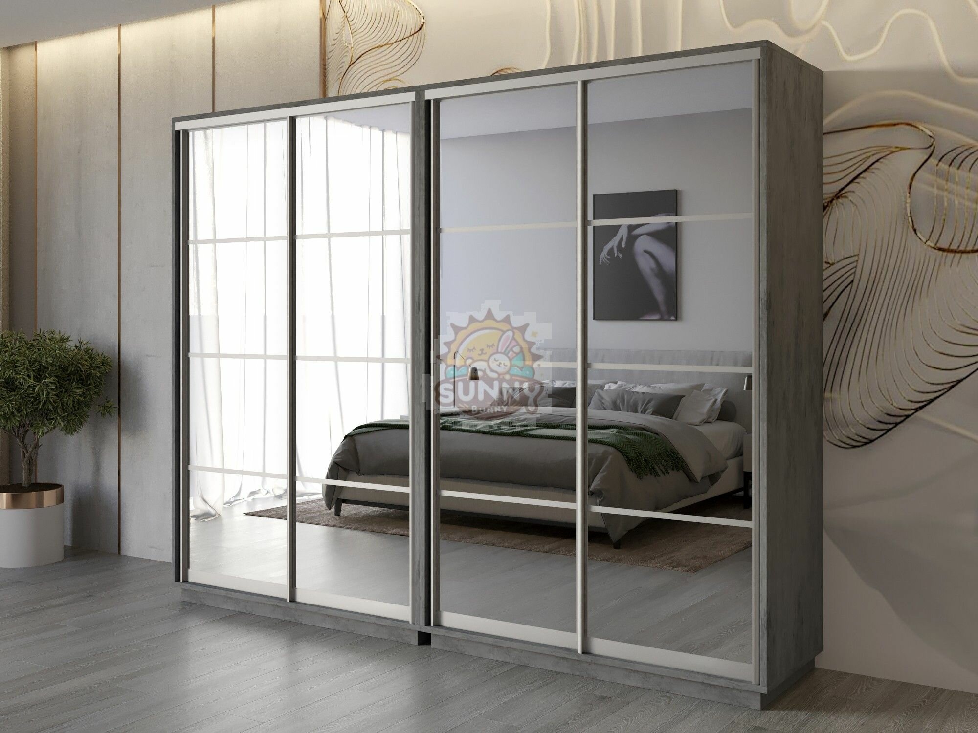 Шкаф-купе Флорида 4дв. (2+2) Зеркало, профиль серебро, 280х60х220 см. Бетон