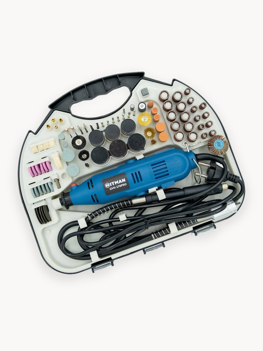 Гравер электрический, HITMAN GVH 170PRO, 170 Вт, гибкий вал, 10000-35000 об/мин, 210 насадок, кейс