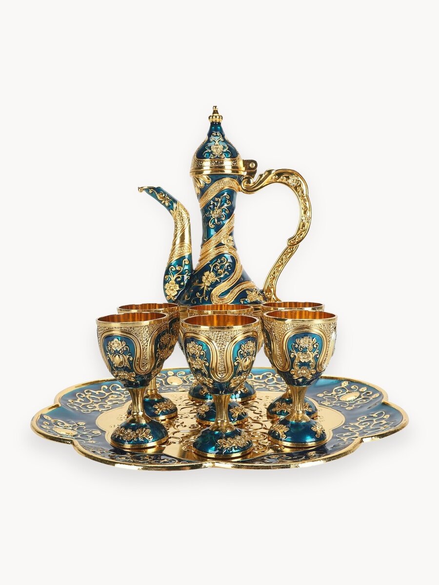 Турецкий чайный сервиз из цинкового сплава, золото-синий
