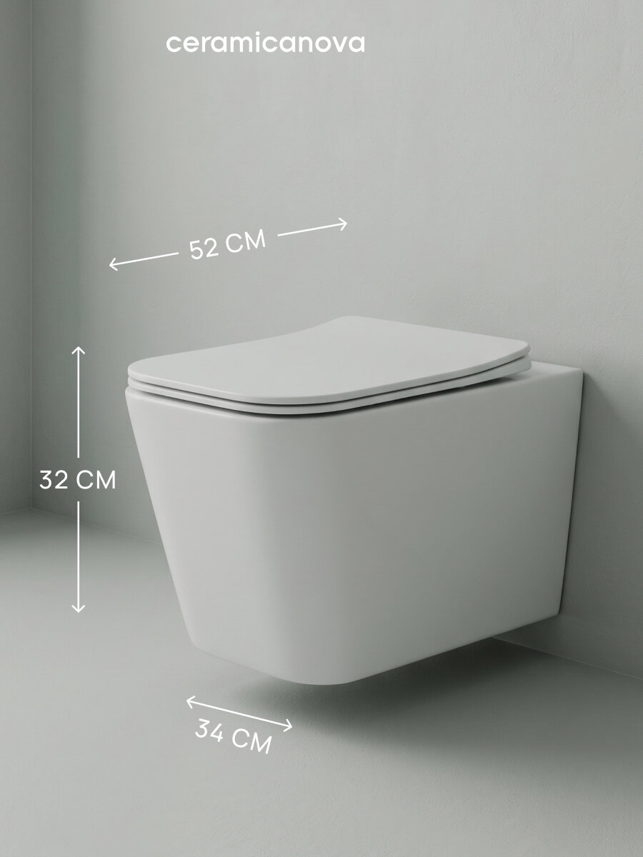 Унитаз подвесной Ceramicanova Кубик (Cubic) CN1806, безободковый, сиденье с микролифтом, белый — фото 1