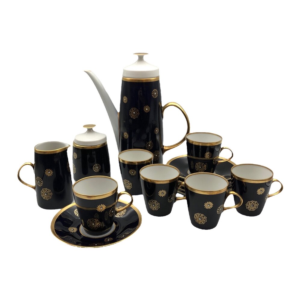 Кофейный сервиз на 6 персон, фарфор, кобальт, позолота, 1960-1970 г, Lichte, ГДР