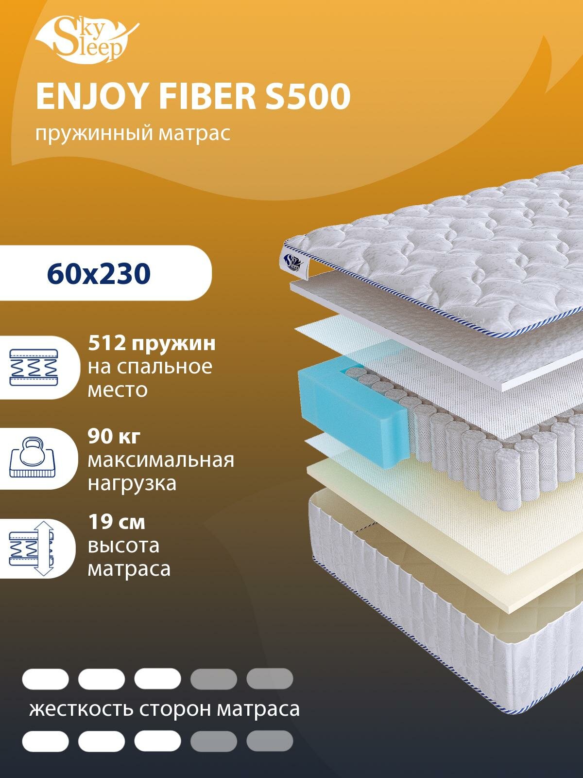 Ортопедический матрас SkySleep с независимыми пружинами ENJOY FIBER S500 на кровать 60x230