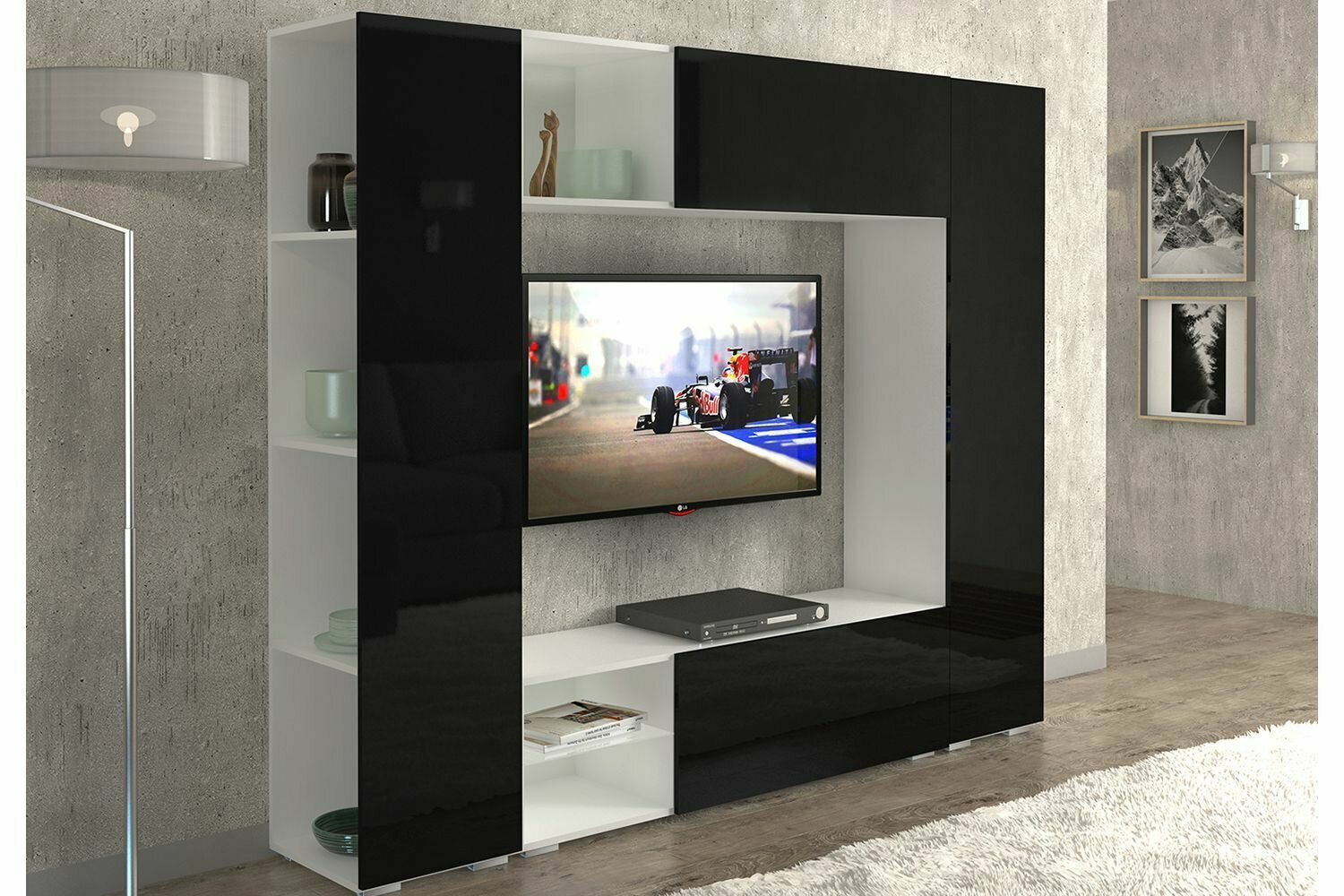 Стенка МногоМеб Лестер 6 220х40х182 корпус белый гладкий, фасад черный глянец BS 1314-55, push to open