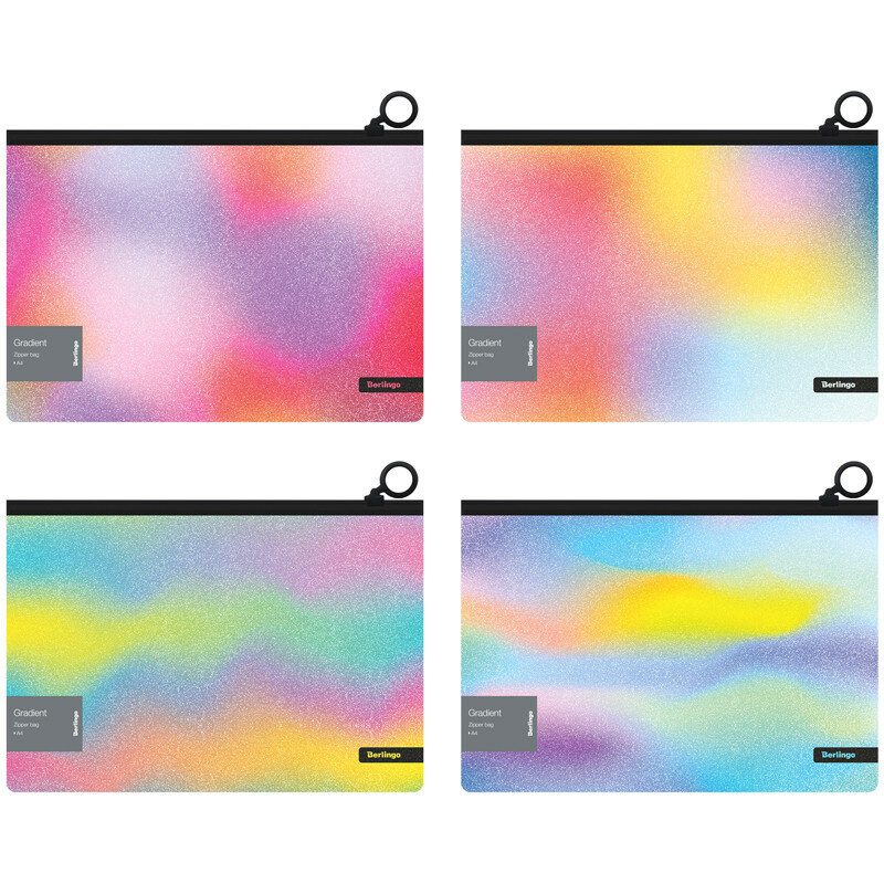 Папка-конверт на молнии Berlingo "Gradient" А4, 180мкм, с рисунком, с эффектом блесток, ассорти, 334649