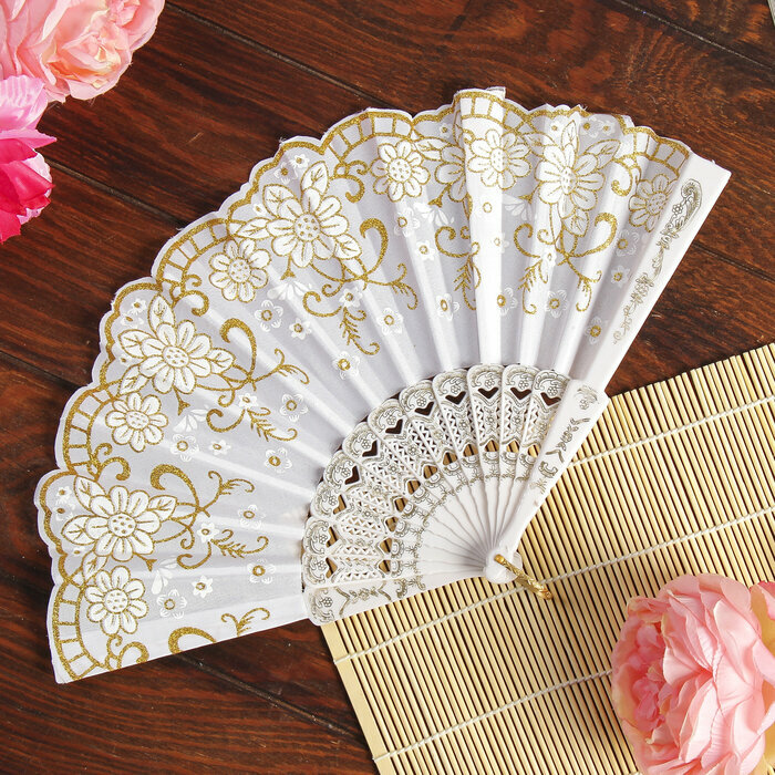 Веер пластик, текстиль 'Золотые узоры' блёстки22,5 см (12 шт)