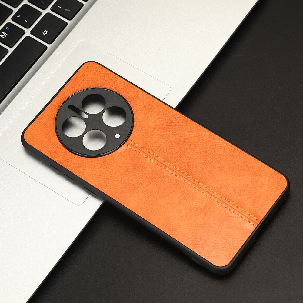 Чехол-бампер-панель-накладка MyPads Culture Perimetrali на Huawei Mate 50 Pro из силикона со вставкой из эко-кожи с декоративной прошивкой оранжевый
