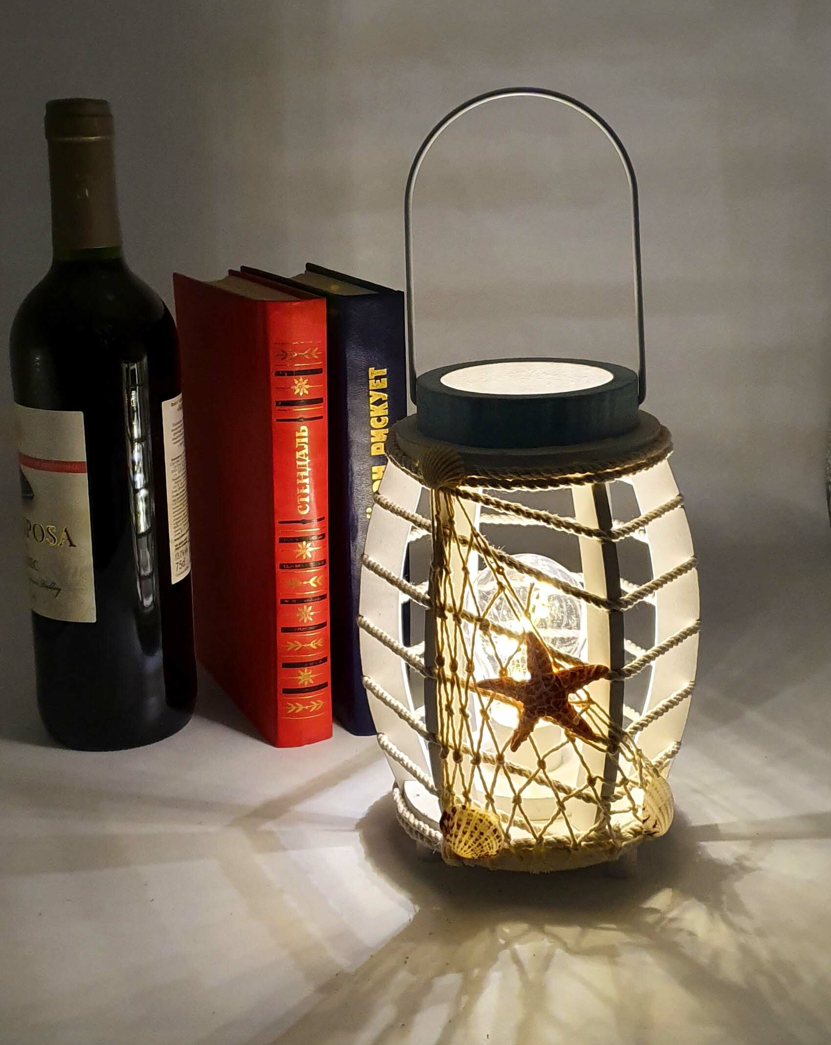 Лампа-Фонарь в морском стиле 30 см, дерево, LED подсветка