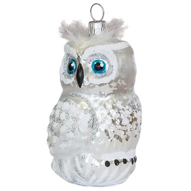 Стеклянная елочная игрушка Сова 8 см белая с серебром, подвеска, Фабрика Елочка, С1670-сер