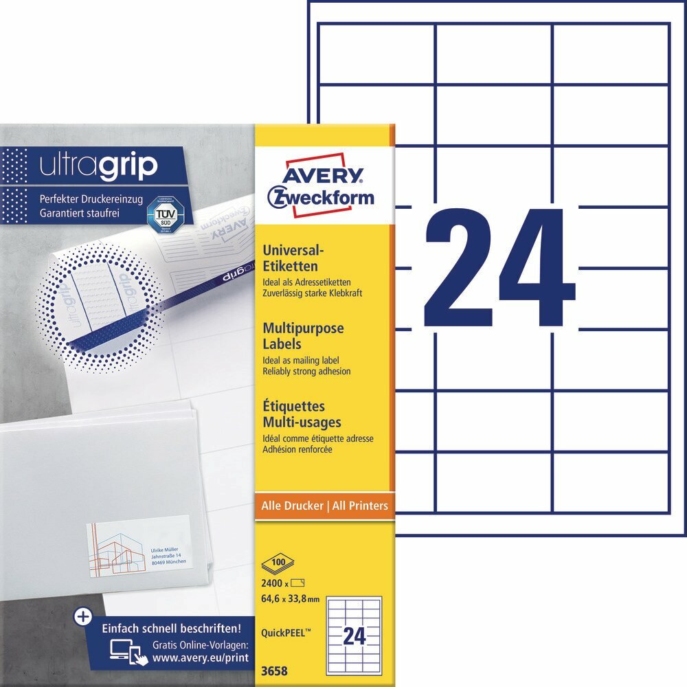 Самоклеящиеся этикетки Avery Zweckform [3658] (64.6x33.8 мм, 2400 шт, 100 листов, QP)