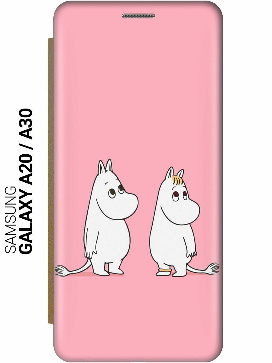 Чехол-книжка на Samsung Galaxy A20, A30, Самсунг А20, А30 c принтом "Муми-тролли на розовом" золотистый