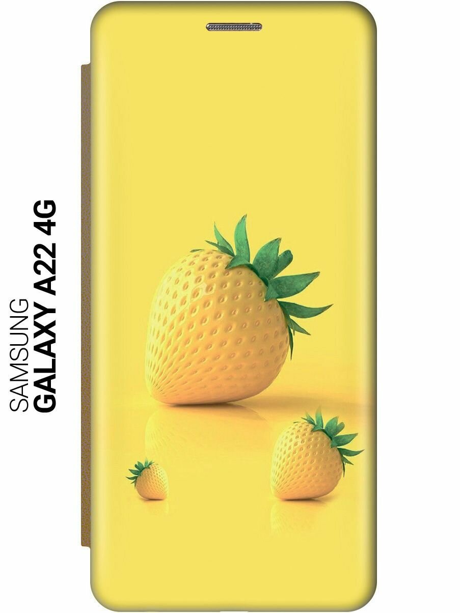 Чехол-книжка на Samsung Galaxy A22, M32, M22, Самсунг А22, М32, М22 c принтом "Желтая клубника" золотистый