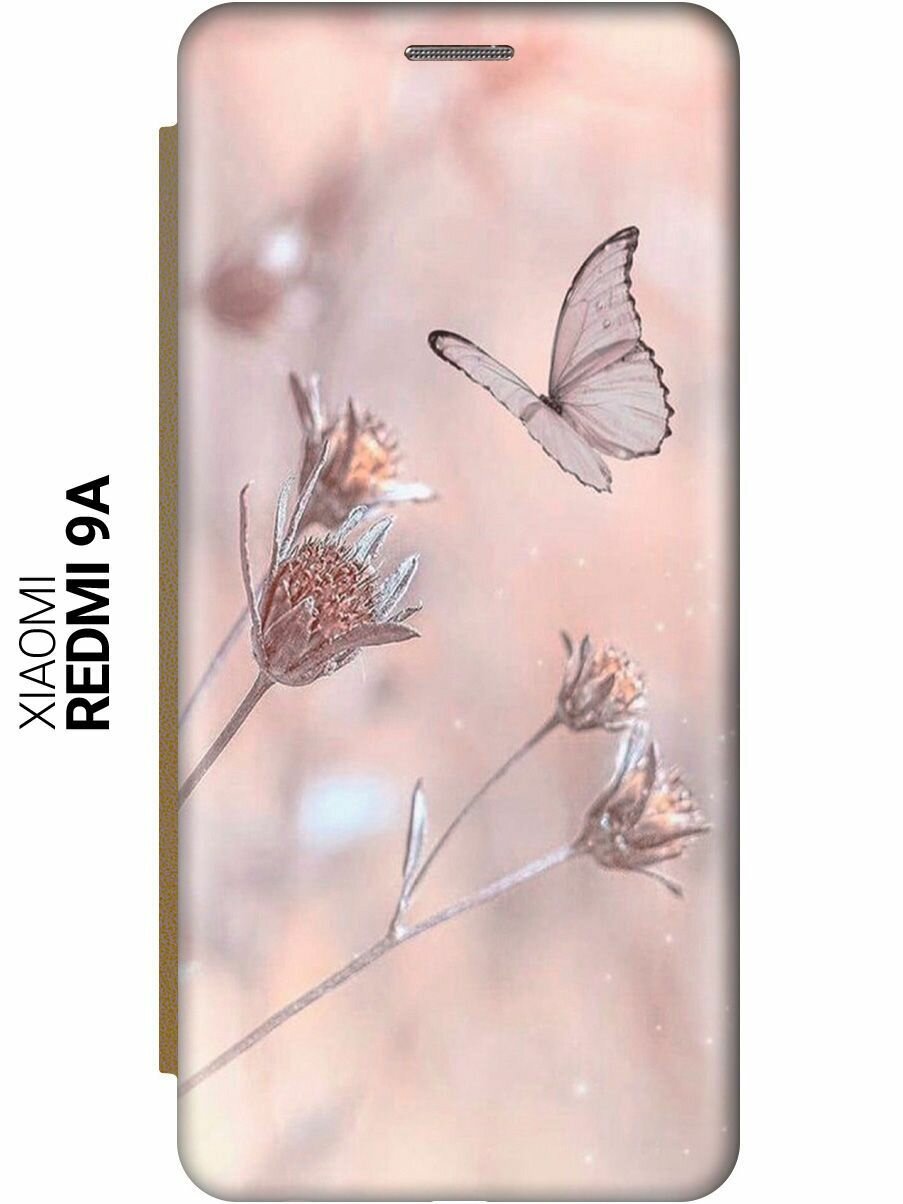Чехол-книжка на Xiaomi Redmi 9A, Сяоми Редми 9А c принтом "Бабочка" золотистый