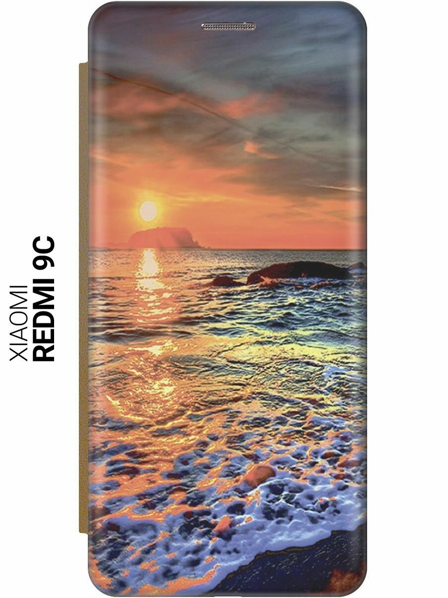Чехол-книжка на Xiaomi Redmi 9C, Сяоми Редми 9С c принтом "Закат на море" золотистый
