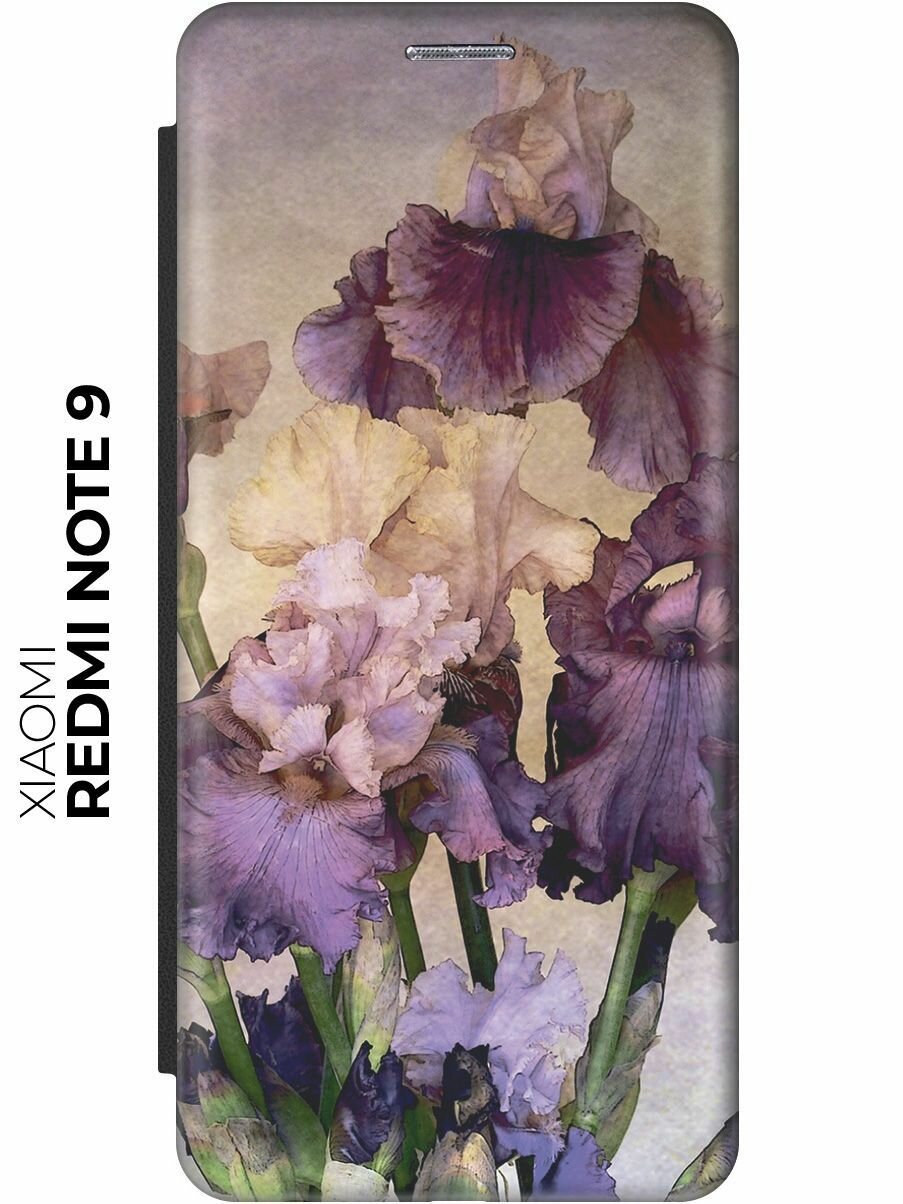 Чехол-книжка Фиолетовые цветы на Xiaomi Redmi Note 9 / Сяоми Редми Ноут 9 черный