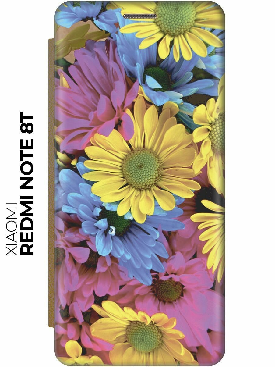 Чехол-книжка Разноцветные ромашки на Xiaomi Redmi Note 8T / Сяоми Редми Ноут 8Т золотой