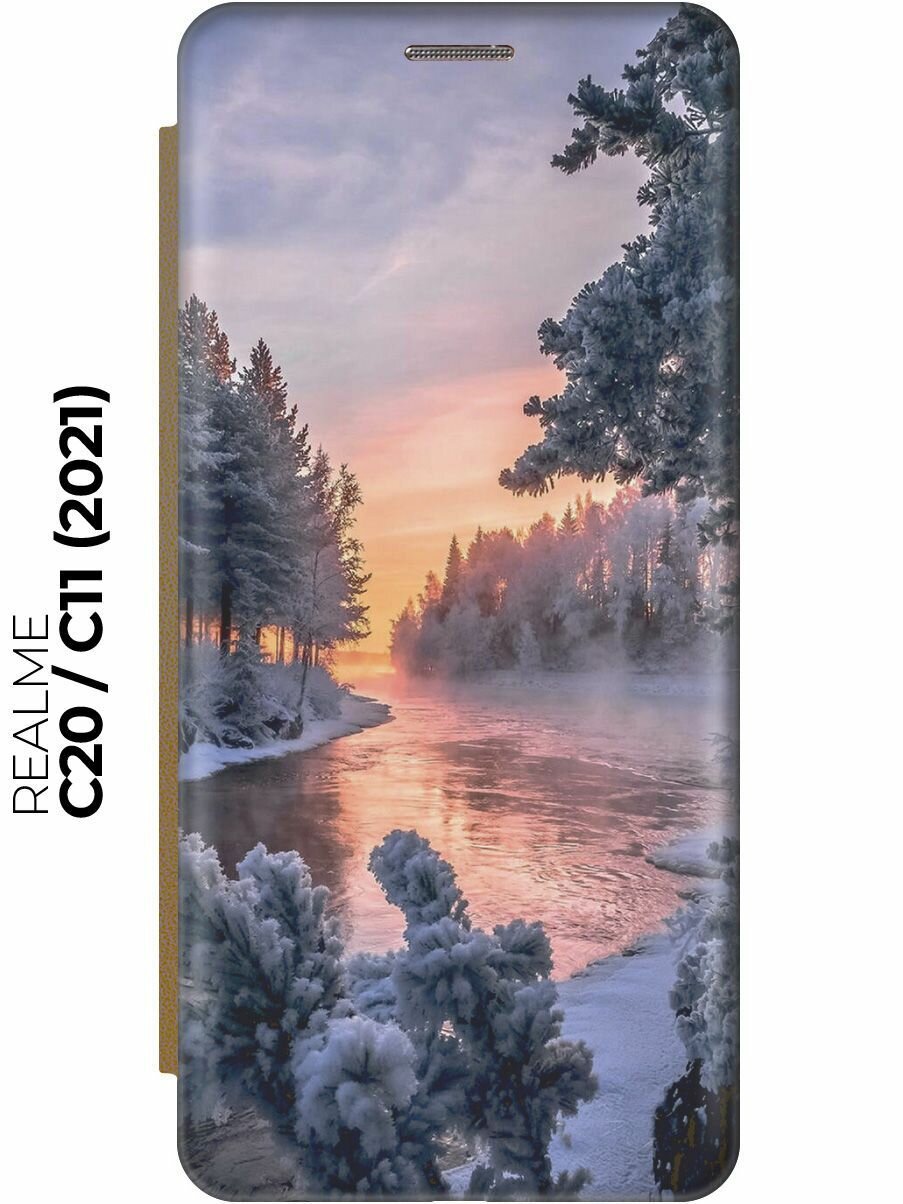 Чехол-книжка Река в заснеженном лесу на realme C20 / C11 (2021) / Рилми С20 / С11 (2021) золотой