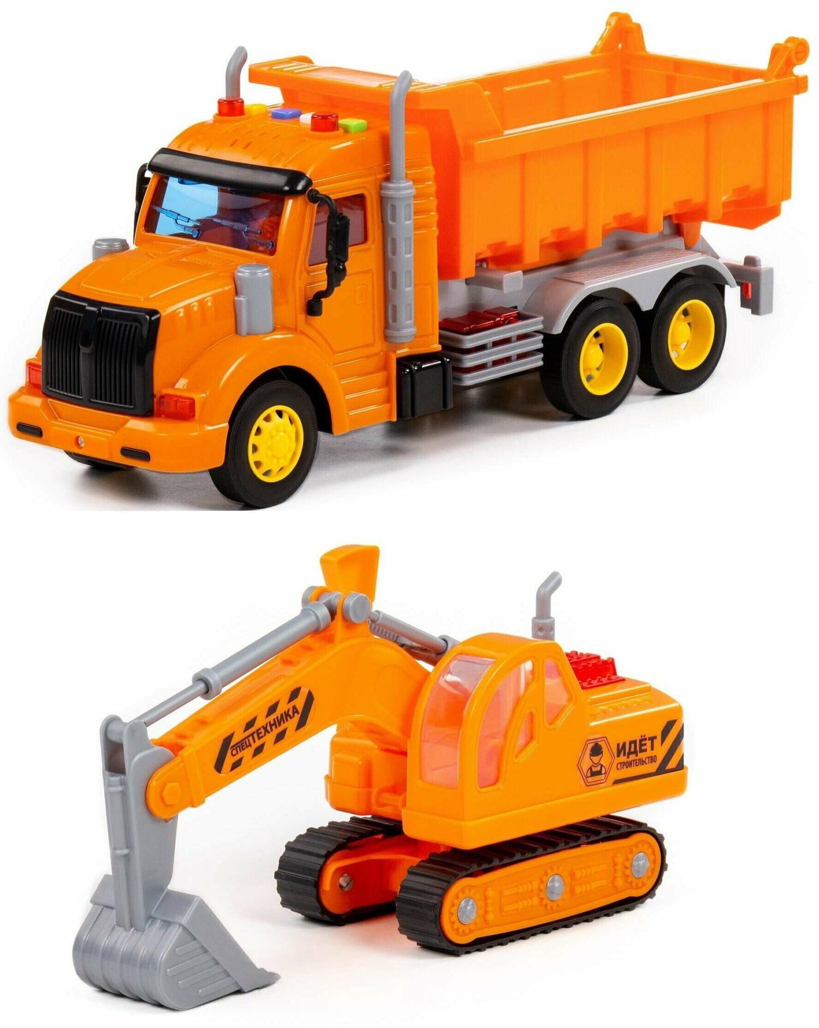 Инерционный самосвал 31,4 см Полесье (4 звука, свет диодов) и гусеничный экскаватор 18 см