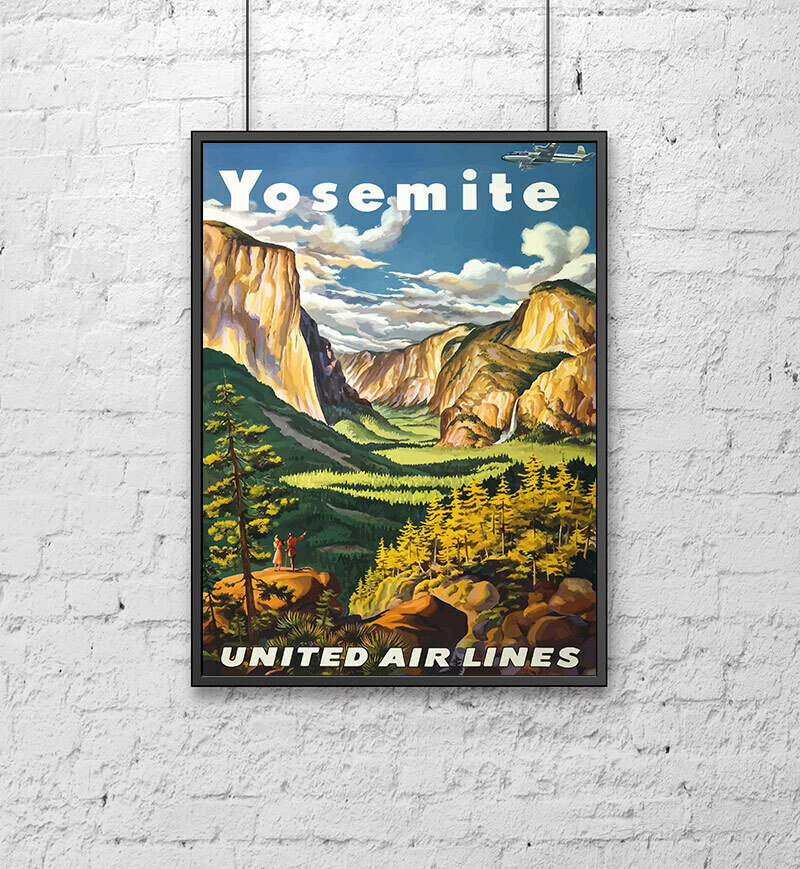 Винтажный дизайнерский постер для интерьера на стену (30х40 см). Ретро реклама United Airlines. Парк Yosemite