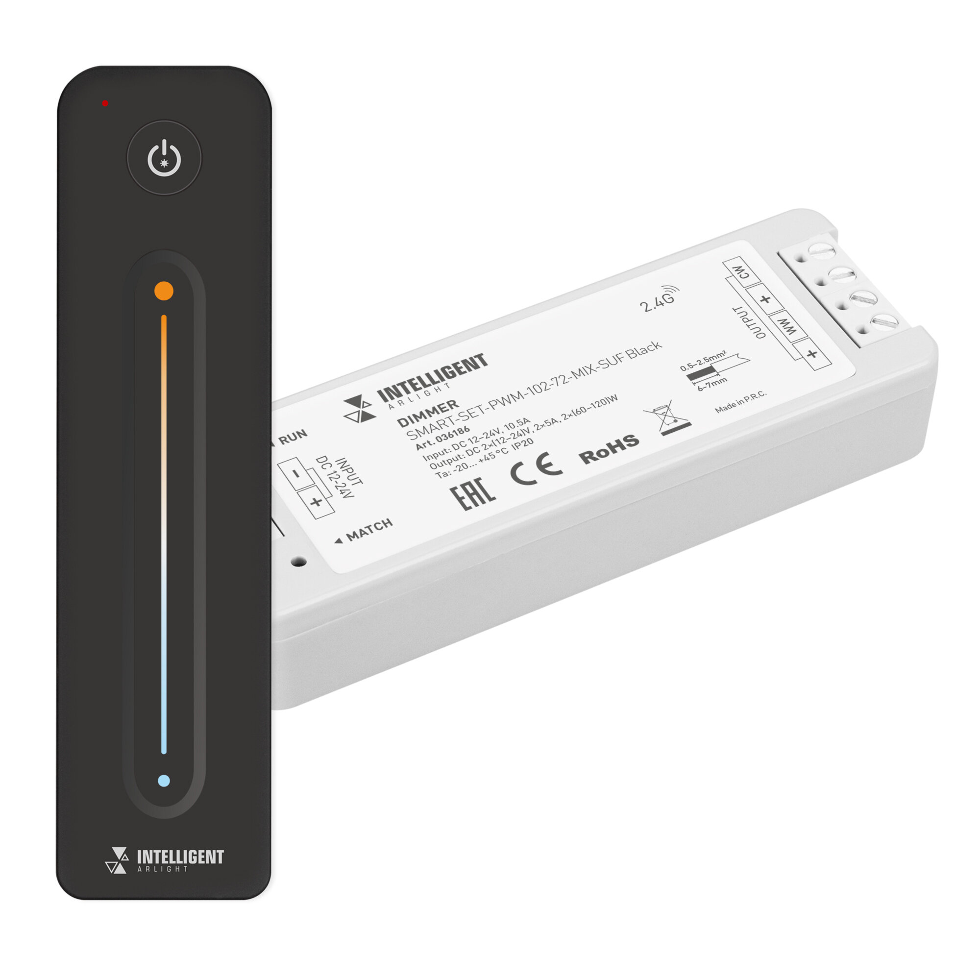 Диммер Arlight INTELLIGENT ARLIGHT Диммер SMART-SET-PWM-102-72-MIX-SUF Black (12-24V, 2x5A, ПДУ LINE, 2.4G) (IARL, IP20 Пластик, 5 лет)