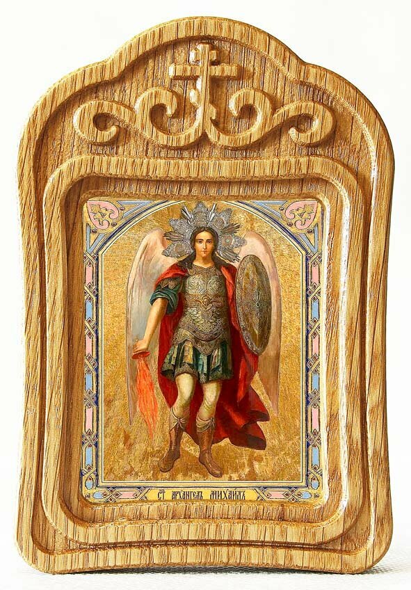 Архангел Михаил, Архистратиг (лик № 142), икона в резной деревянной рамке