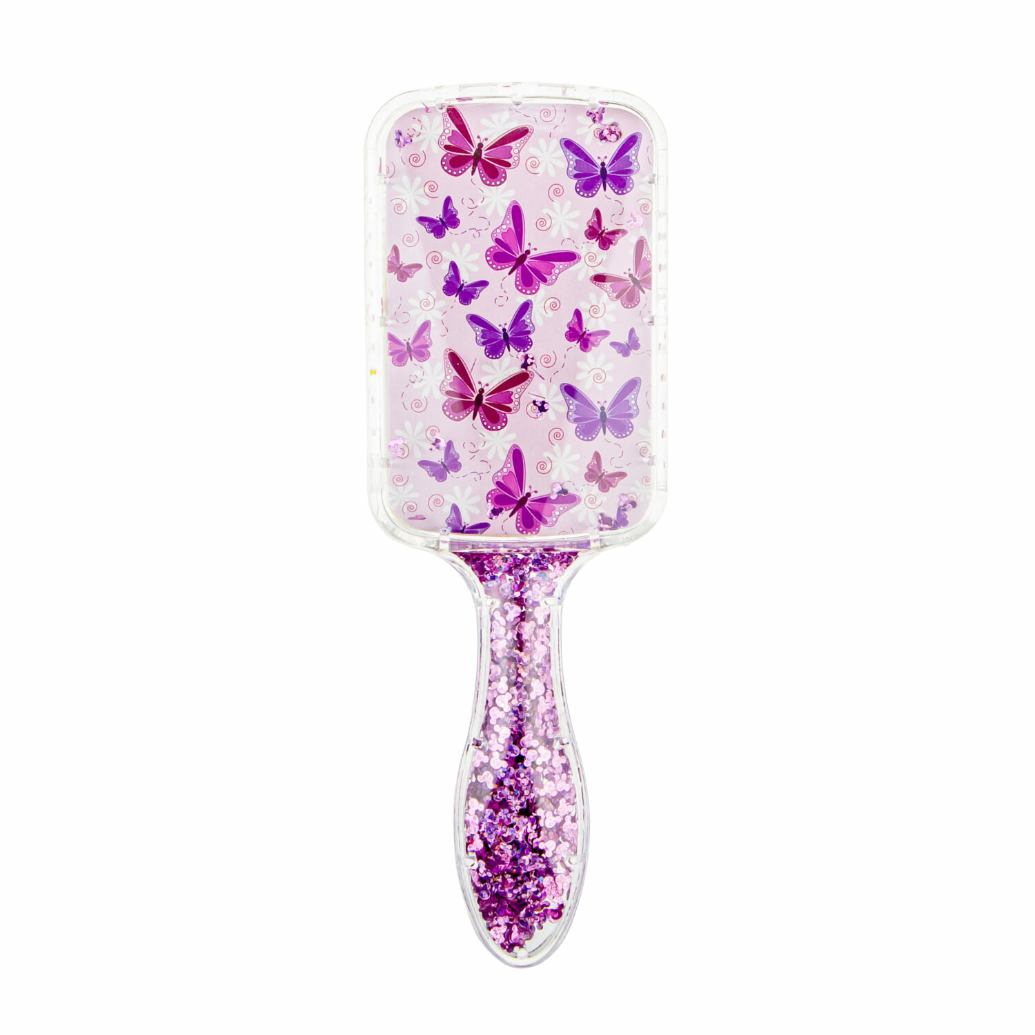 Расчёска массажная Lukky прямоугольная с ручкой "Бабочки" с блестящими конфетти внутри, красный
