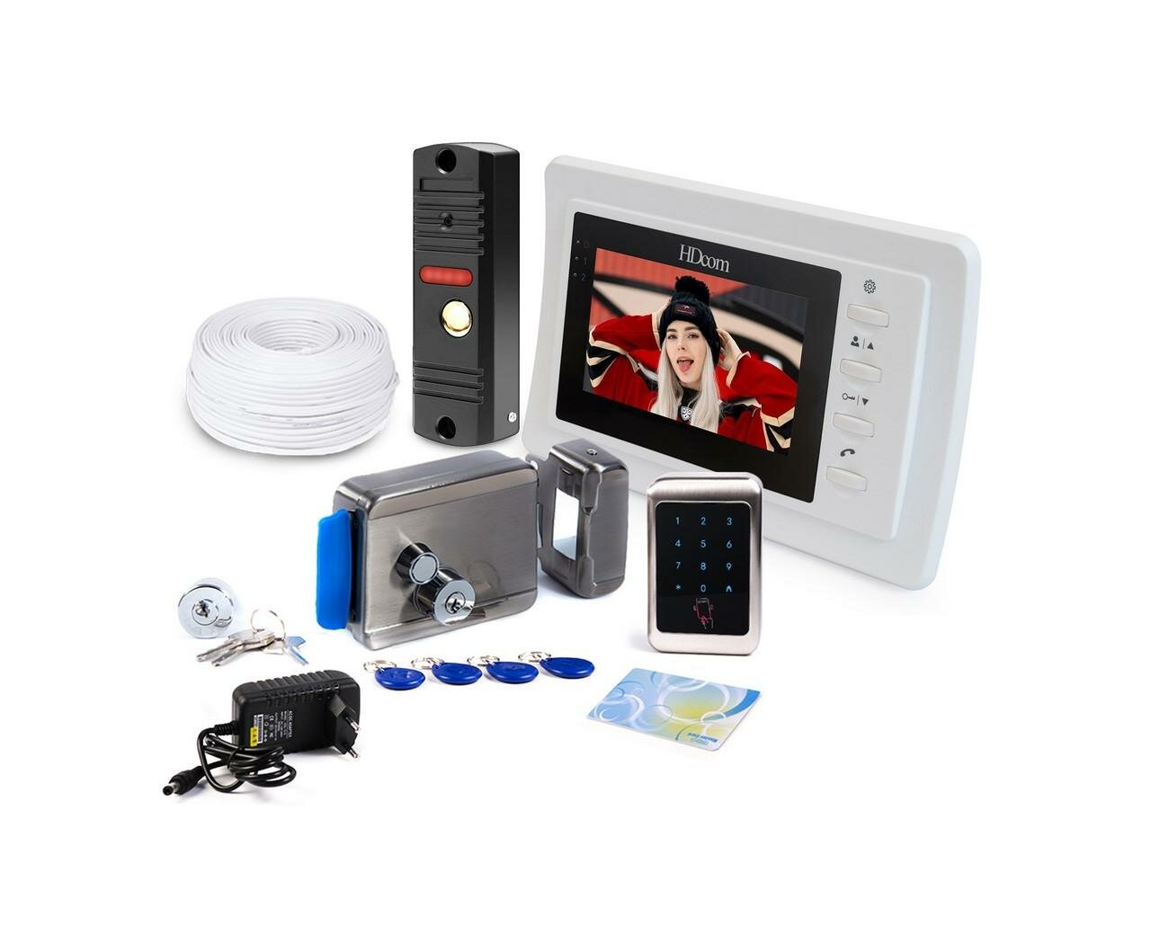Комплект домофон с вызывной панелью и электромеханический замок HDcom W-417NM (wh) + Anxing Lock-Титан (Q20324KOM)
