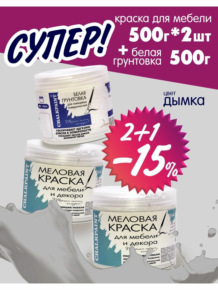 Краска Chalky Paint меловая для мебели 2х500 г, дымка + грунт 500 г