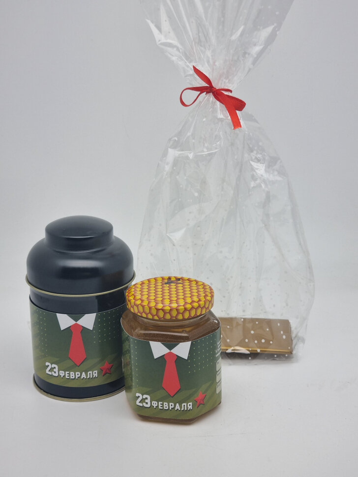 Подарочный набор с 23 февраля чай мацеста 100гр черный и мед 250мл акация №189