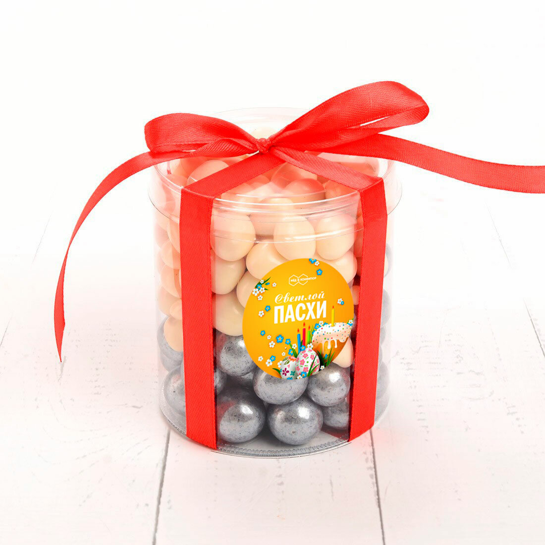 Стаканчик Светлой Пасхи драже микс имбирь в белой шоколадной глазури и фундук серебро 400 гр.