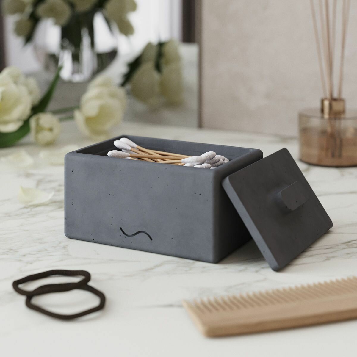 Контейнер для ватных палочек, органайзер для мелочей в ваную Emily , 12x8 см, с крышкой, бетон, графитовый матовый