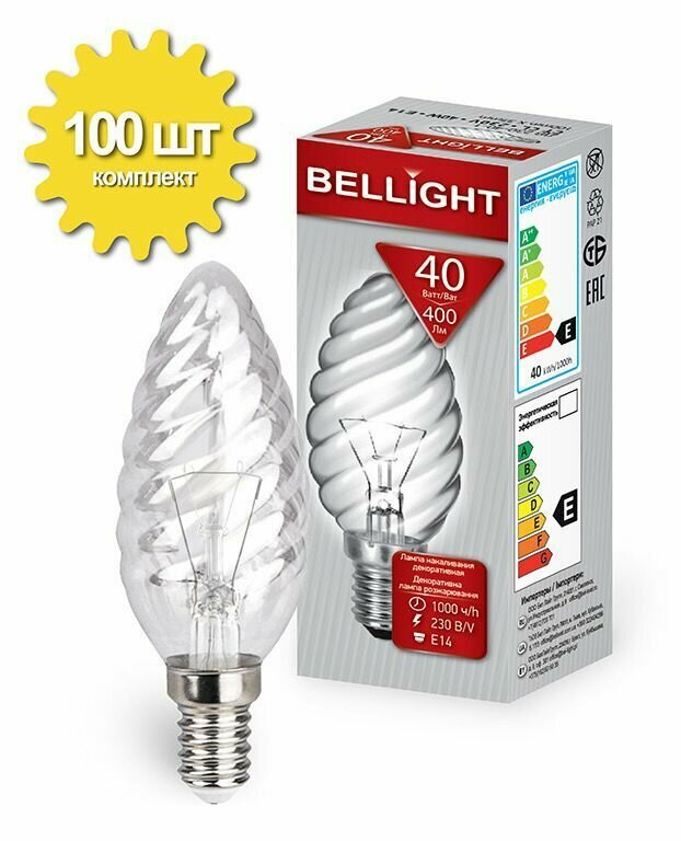 Лампочка Bellight "Свеча", витая, прозрачная, E14, 40 Вт, 100 шт