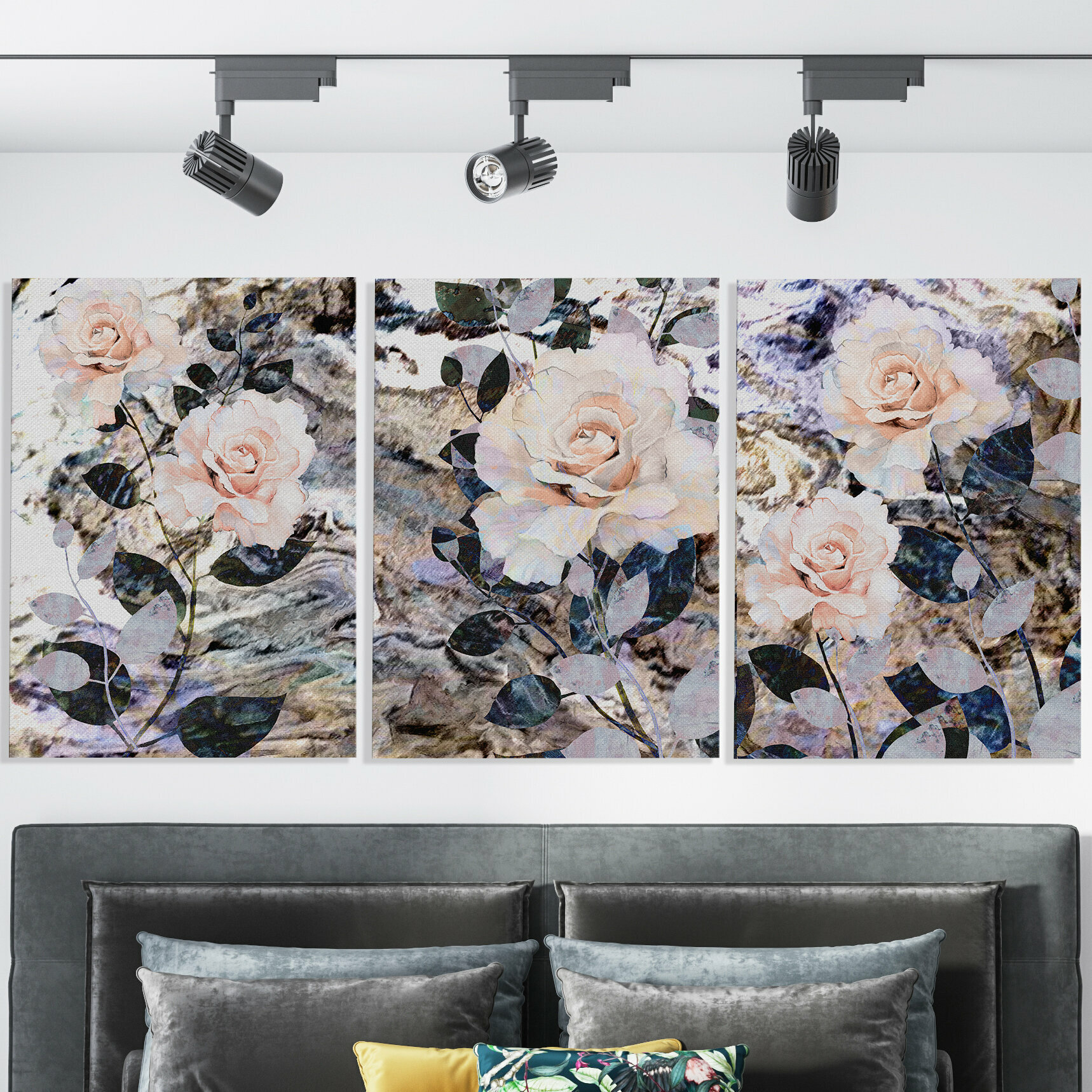 Модульная картина для интерьера "Розы", большая, на стену, в наборе 3 вертикальные картины, размер каждой 60х90 см, общий размер 180х90 см.