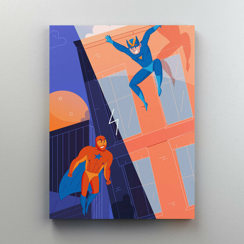 Интерьерная картина на холсте "Комиксы - супер герои спасают город" размер 45x60 см