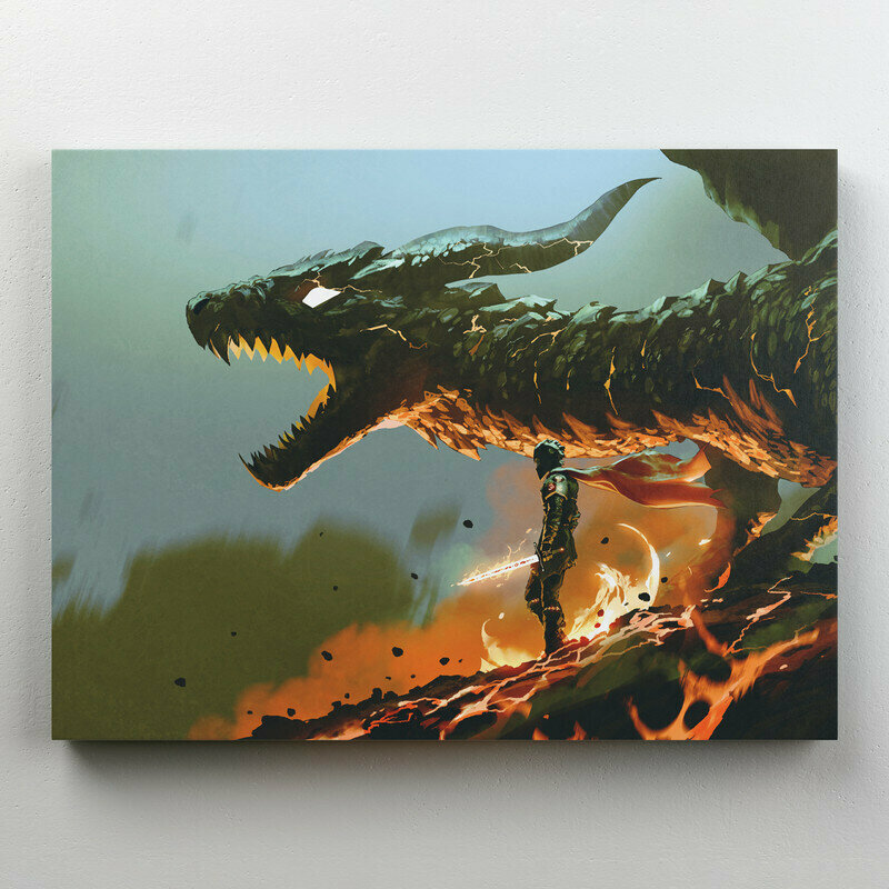 Интерьерная картина на холсте "Рыцарь с огненным мечом и драконом" размер 40x30 см