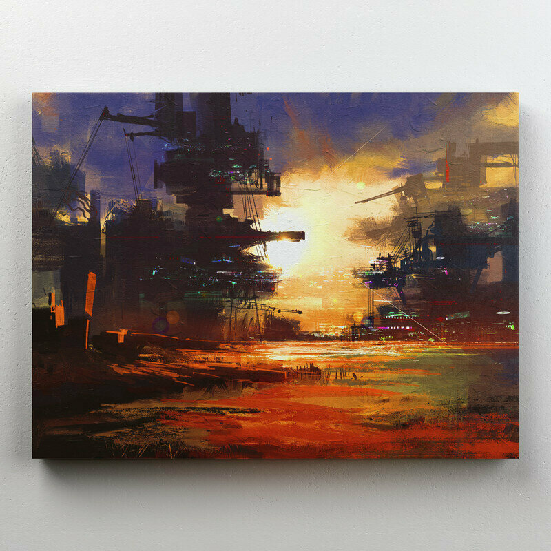 Интерьерная картина на холсте "Арт - город будущего на закате №3" размер 30x22 см