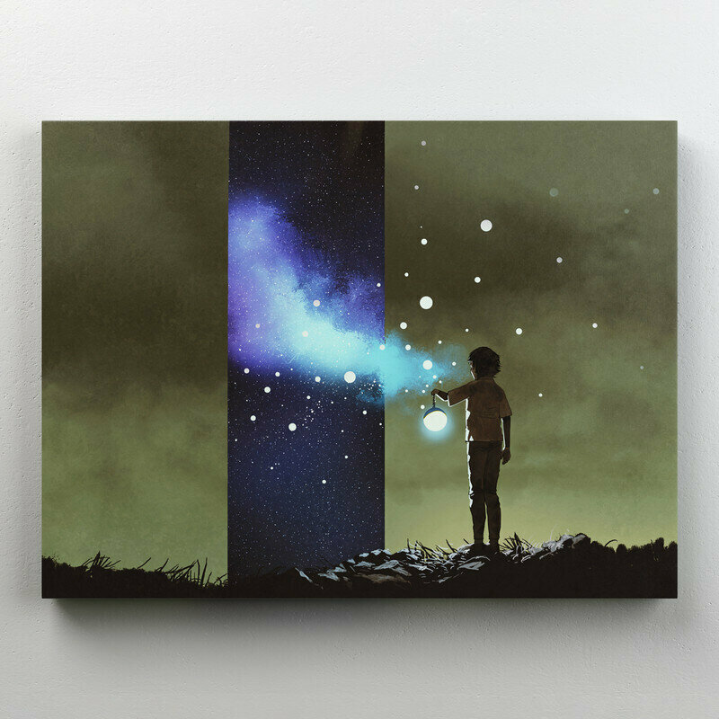 Интерьерная картина на холсте "Мальчик светит волшебным фонарём" размер 30x22 см
