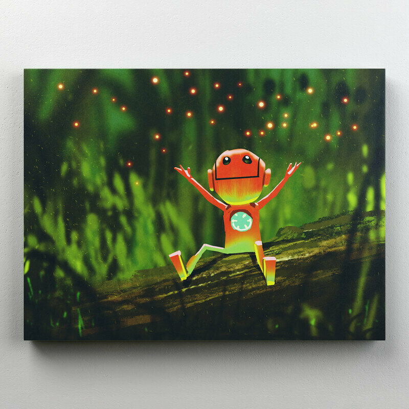 Интерьерная картина на холсте "Маленький робот играет в лесу со светлячками" размер 30x22 см